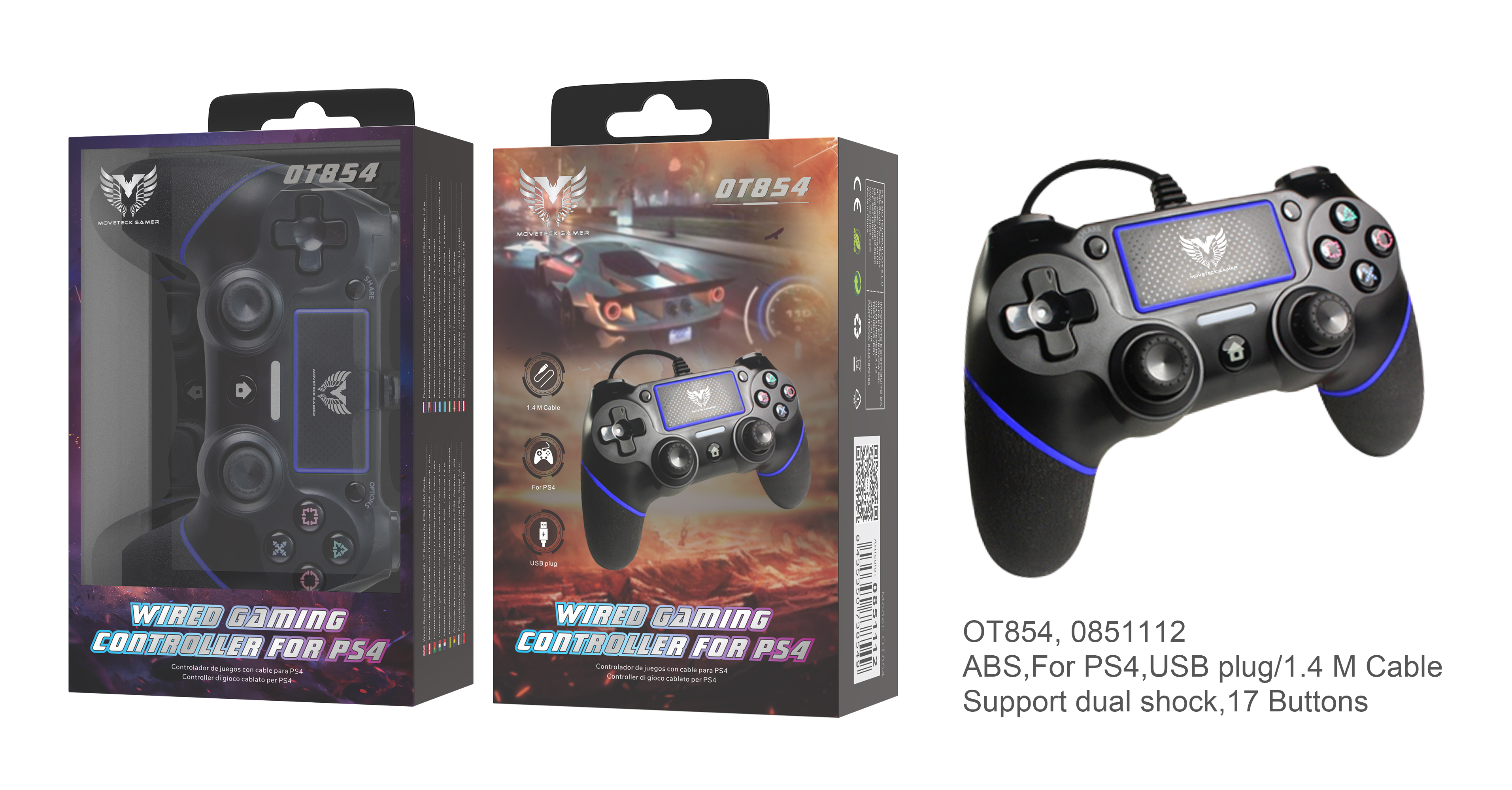 PS4 WIRED GAMING CONTROLLER OT854 PRETO MOVETECK GAMER (COMANDO COM FIOS)